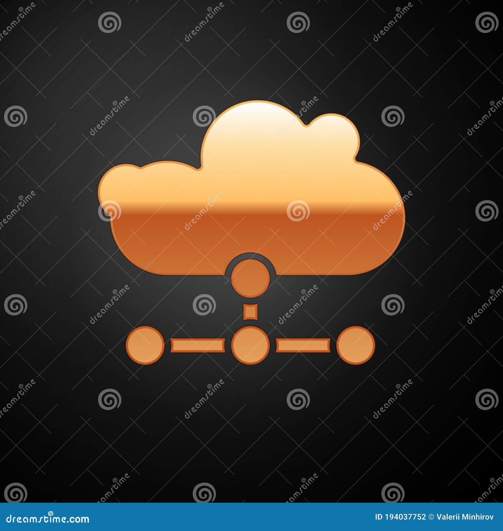 Gold Network Cloud Connection Icon Isolated on Black Background. Social ...