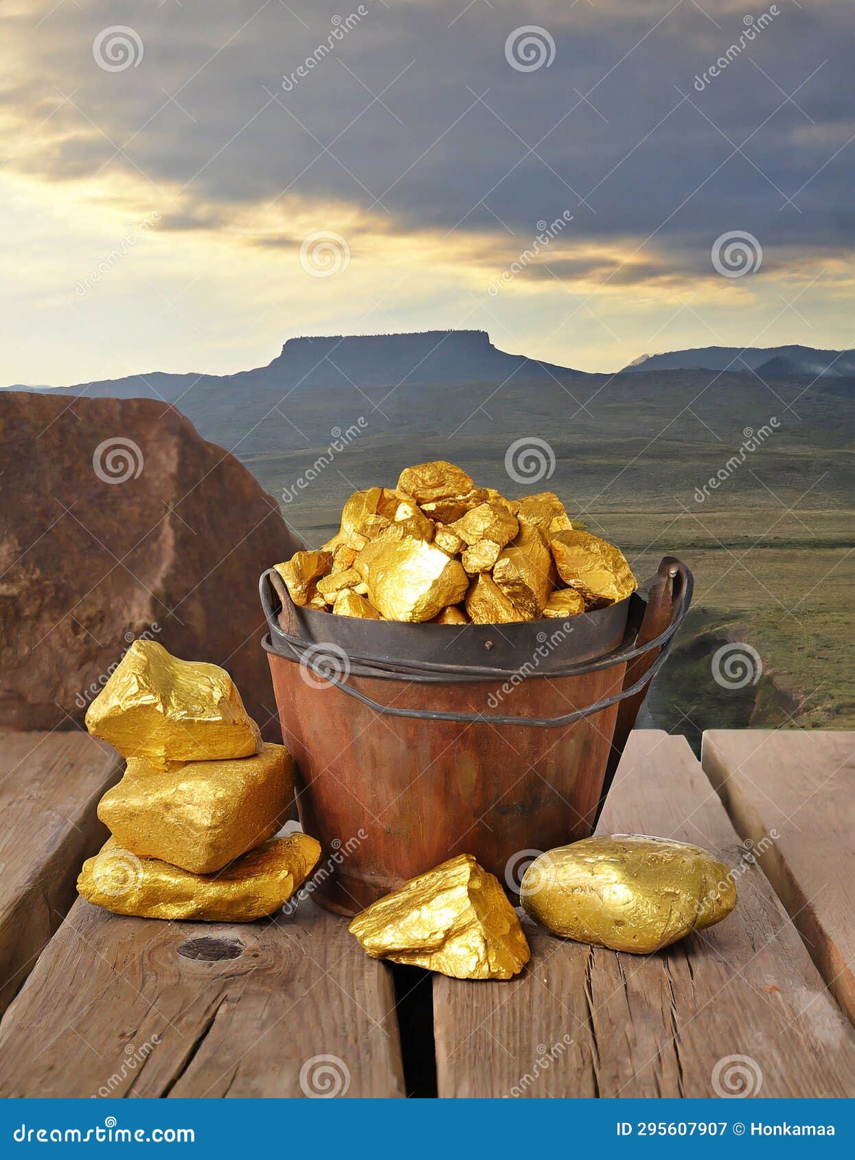 Gold nuggets in bucket stock illustration. Illustration of close ...
