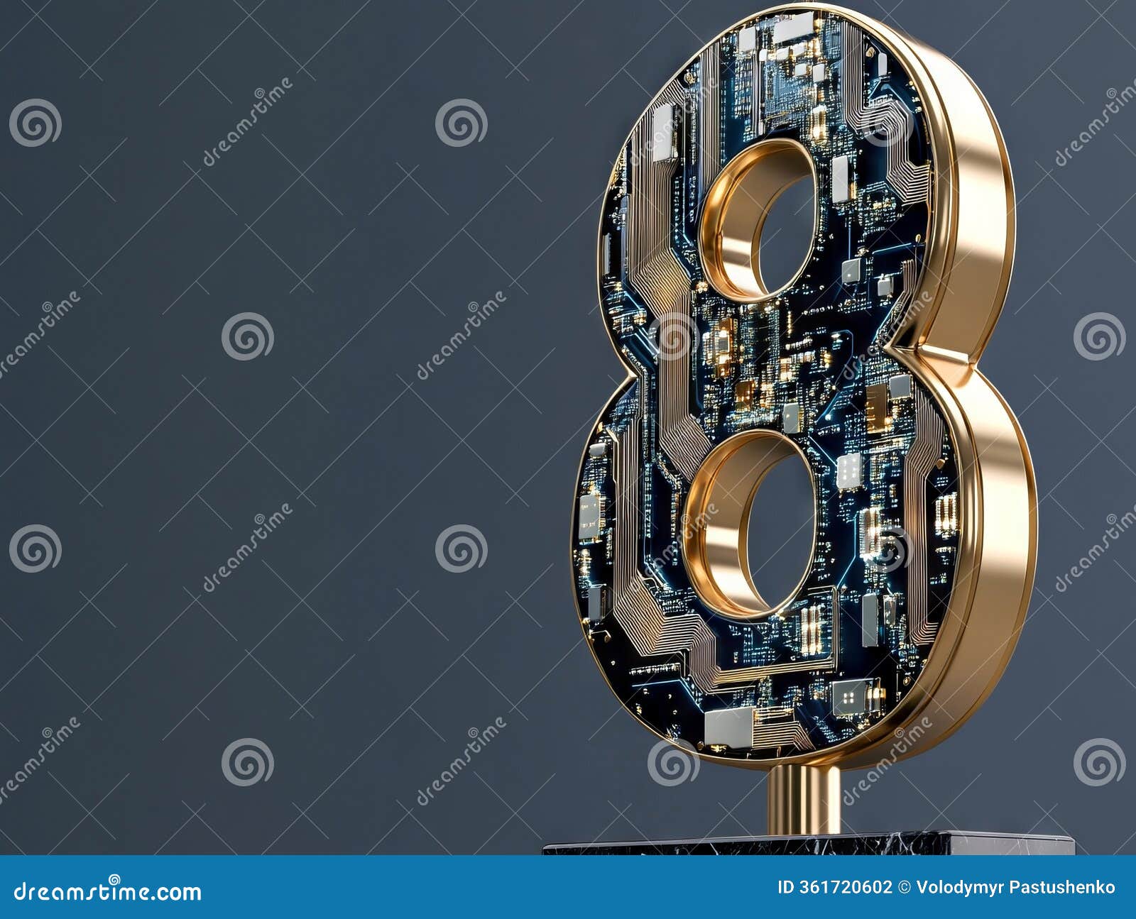 A Gold Number Eight Made of a Circuit Board on a Marble Base Stock ...