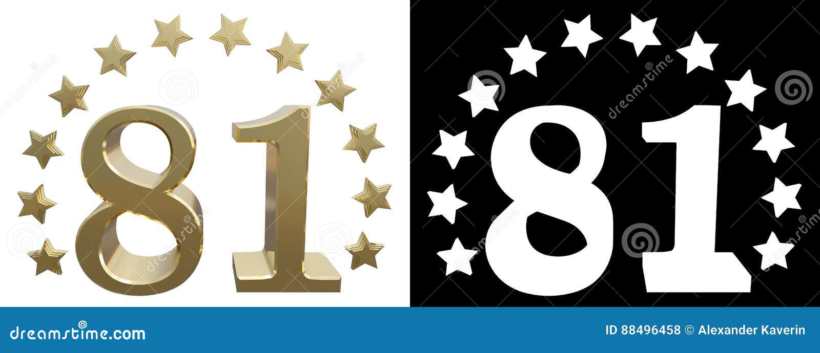 Gold Number Eighty One, Decorated with a Circle of Stars. 3D ...