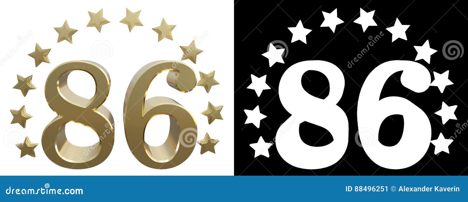 Gold Number Eighty Six, Decorated with a Circle of Stars. 3D ...