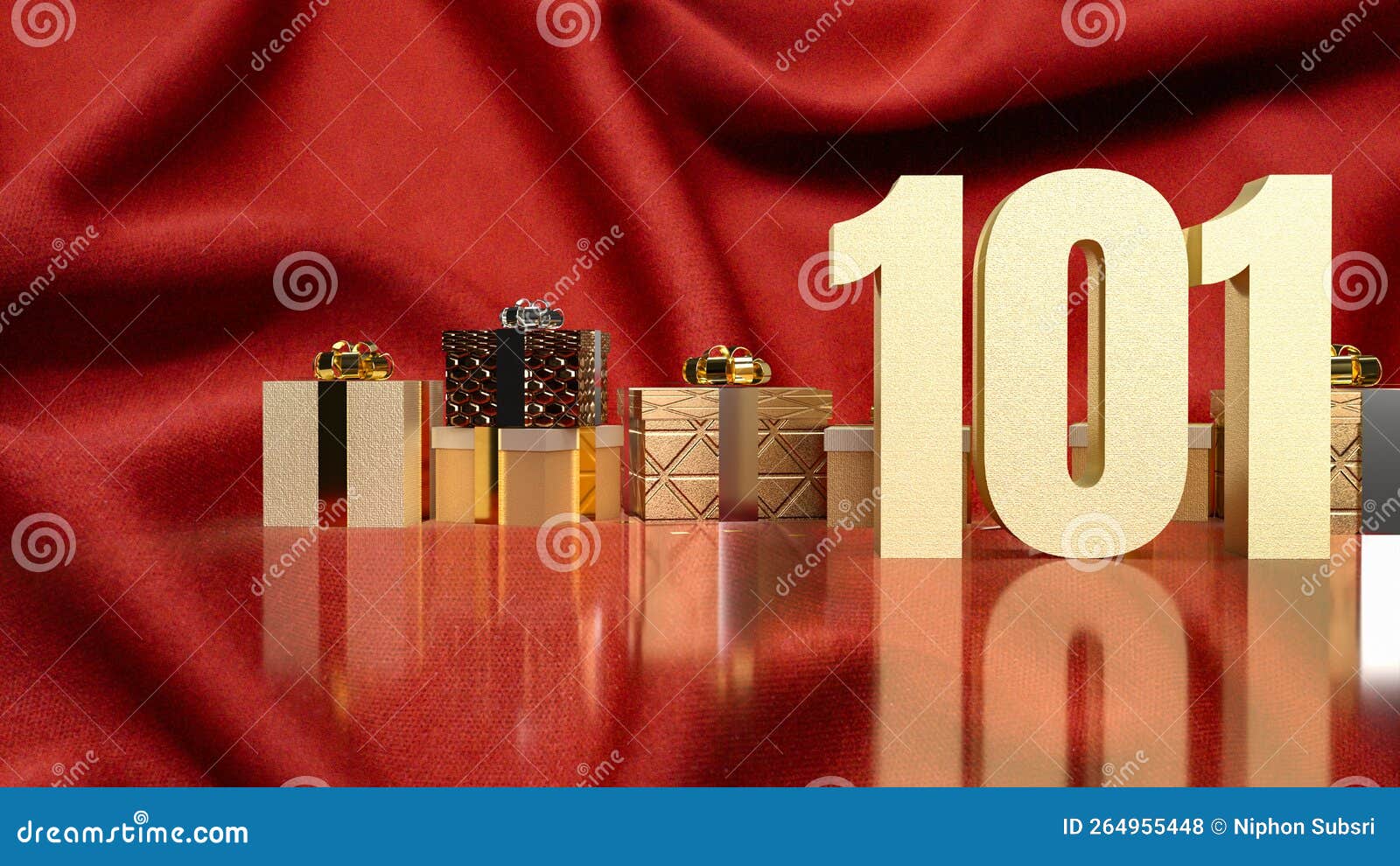 Gold Number 101 and Gift Box on Red Silk for Business Concept Stock ...