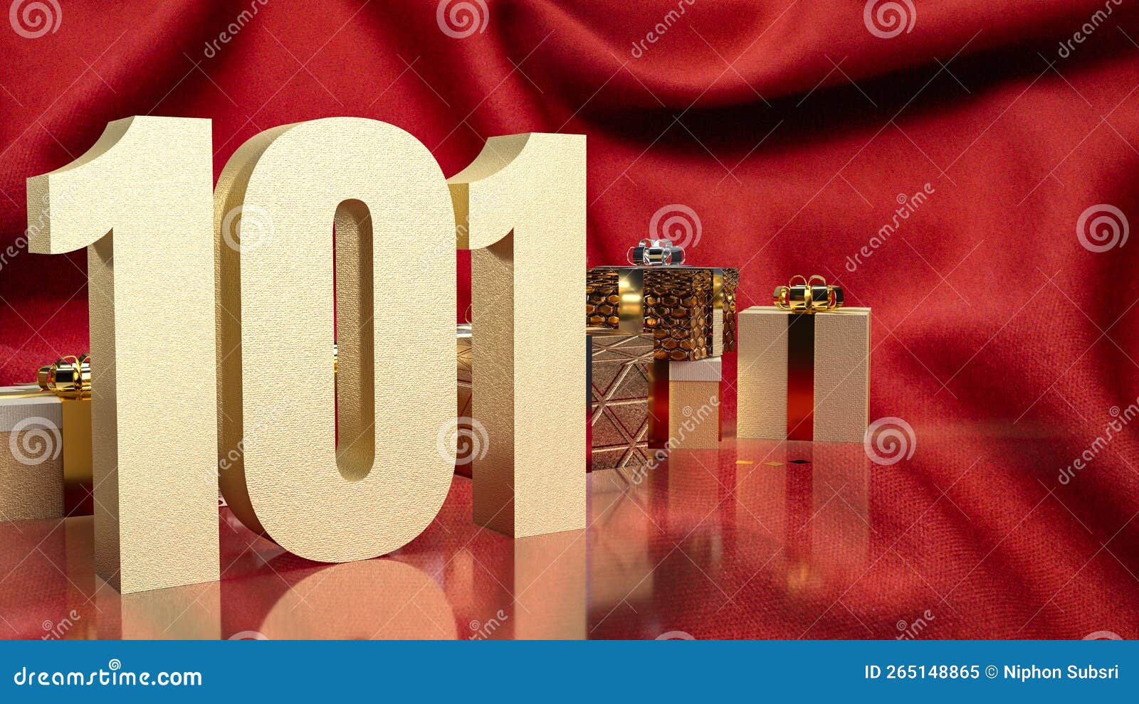 Gold Number 101 and Gift Box on Red Silk for Business Concept Stock ...