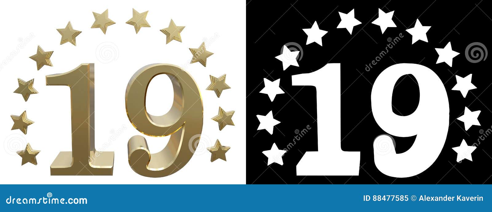 Gold Number Nineteen, Decorated with a Circle of Stars. 3D Illustration ...