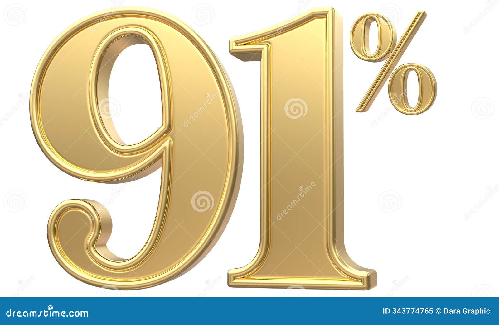 Gold Number 91 Percent 3D Render with White Background Stock ...