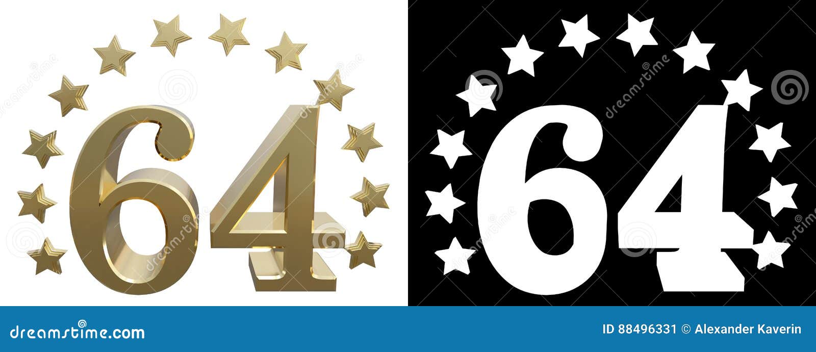 Gold Number Sixty Four, Decorated with a Circle of Stars. 3D ...