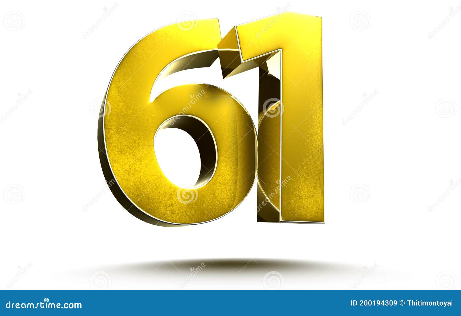 Gold Numbers 61 Isolated on White Background Illustration 3D Rendering ...