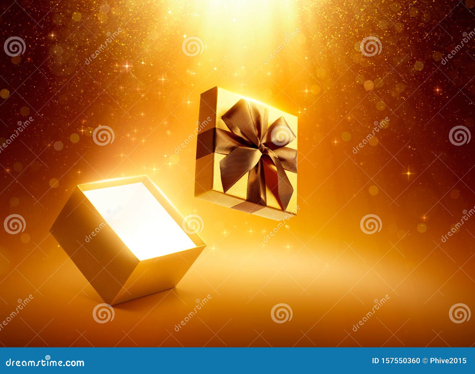 3d Gift Box With Gold Capsule Pill And Red Bow. Surprise Inside Open ...