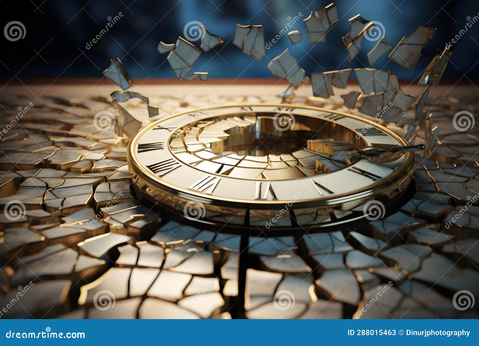 Gold Painted Clock on Black Background. the Clock is Broken into Pieces ...