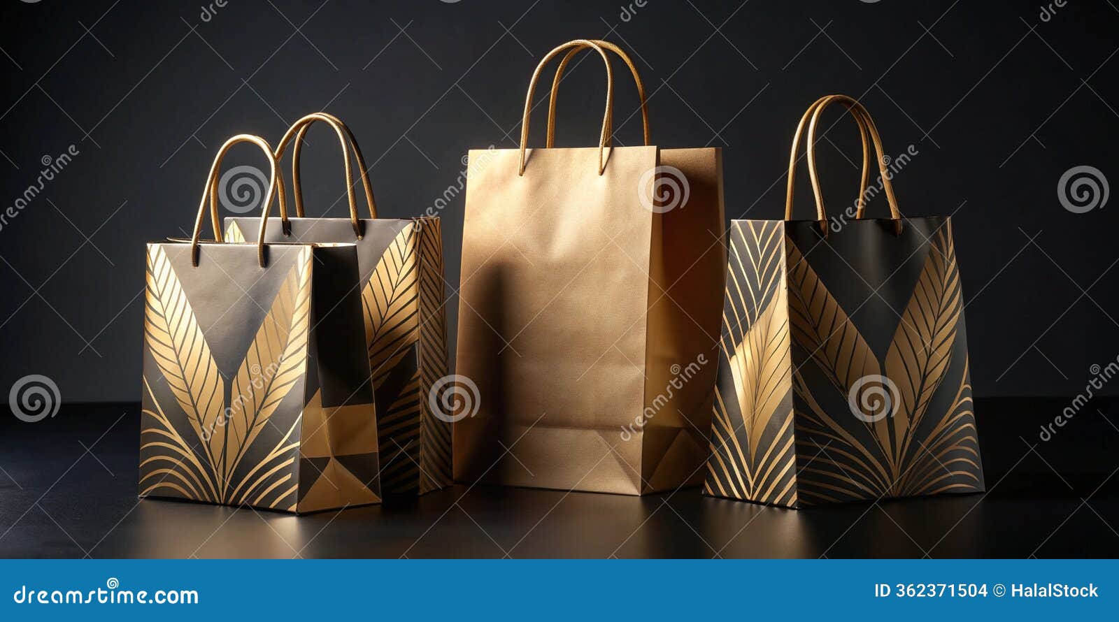 Gold Paper Bags on Black Background, Minimal Design Stock Illustration ...