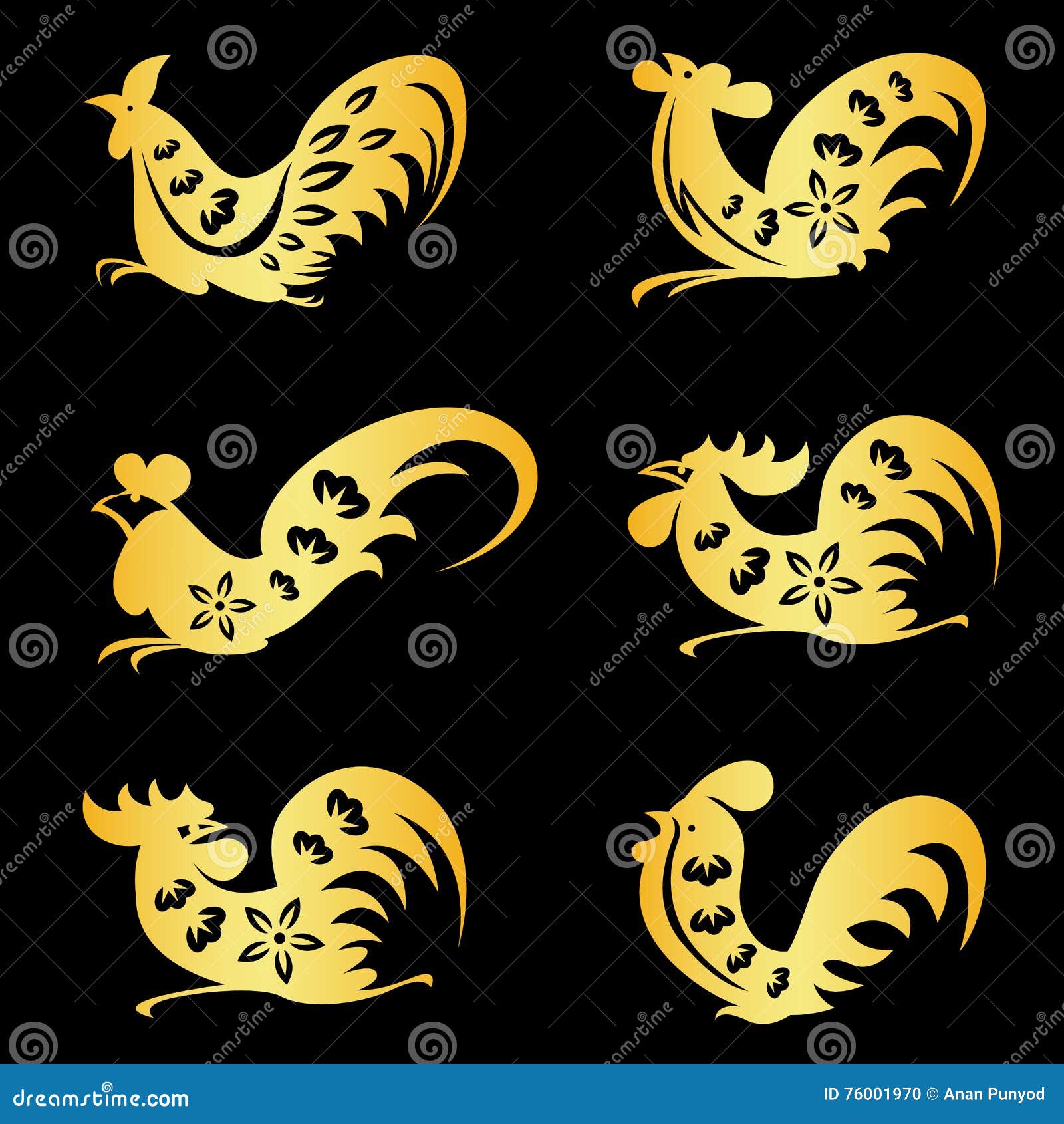 Gold Paper Cut Rooster Chicken Sign Vector Set Design Stock Vector ...