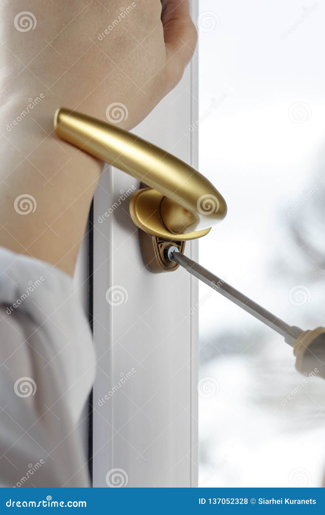 . Gold Pen. Fasten the Window Handle To the PVC Window Stock Photo ...