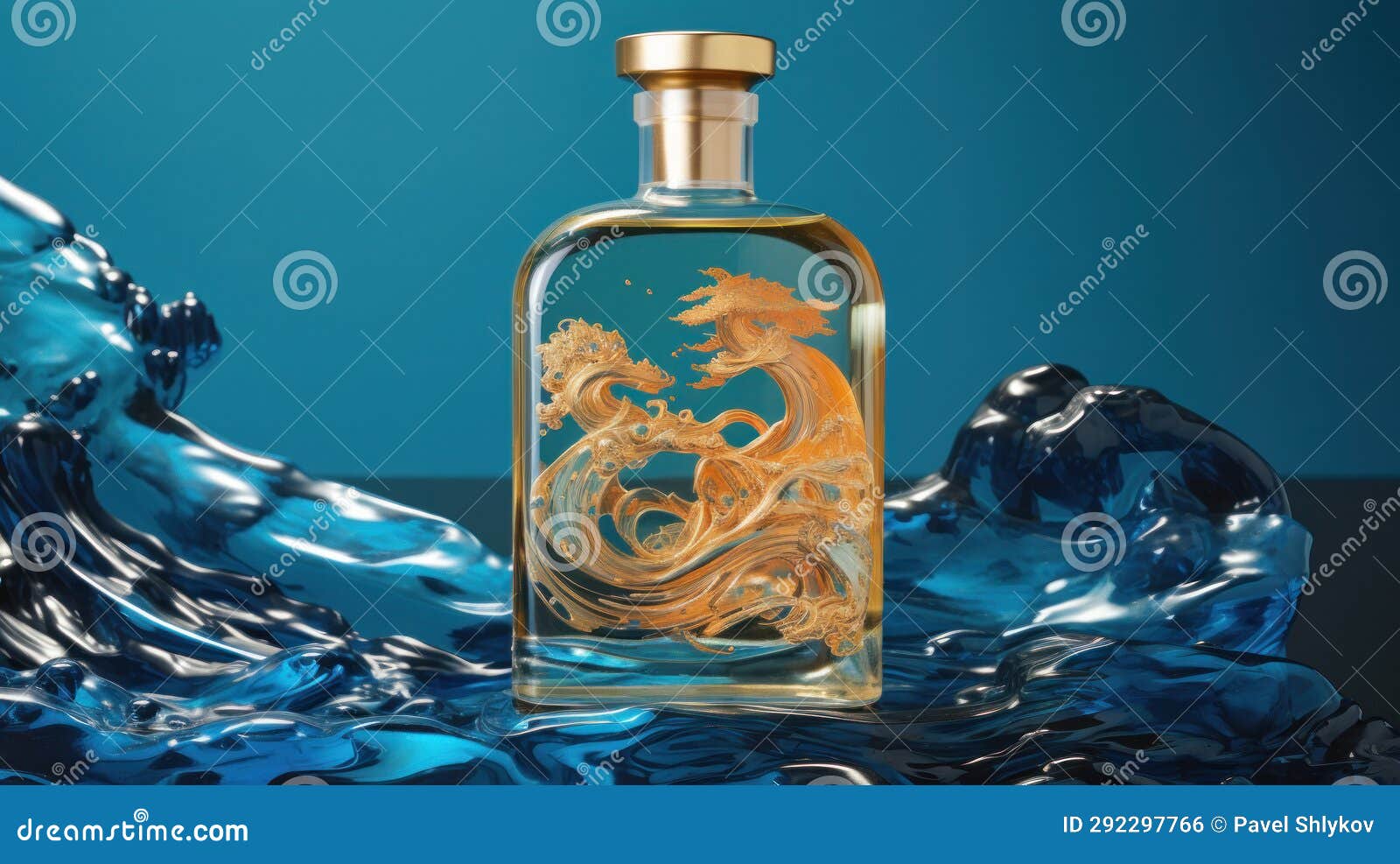 Gold Perfume Bottle and Blue Water Splash Around it Stock Photo - Image ...