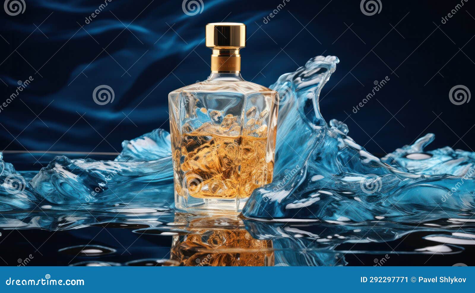 Gold Perfume Bottle and Blue Water Splash Around it Stock Image - Image ...