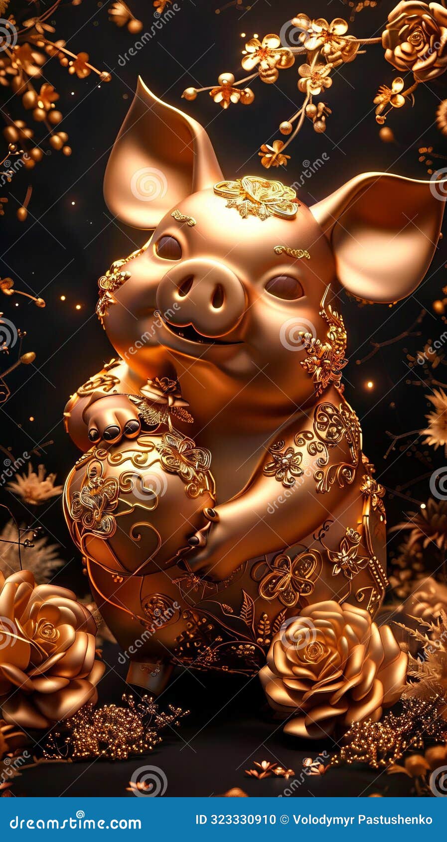 A Gold Pig with Roses and Gold Leaves Stock Photo - Image of ornament ...