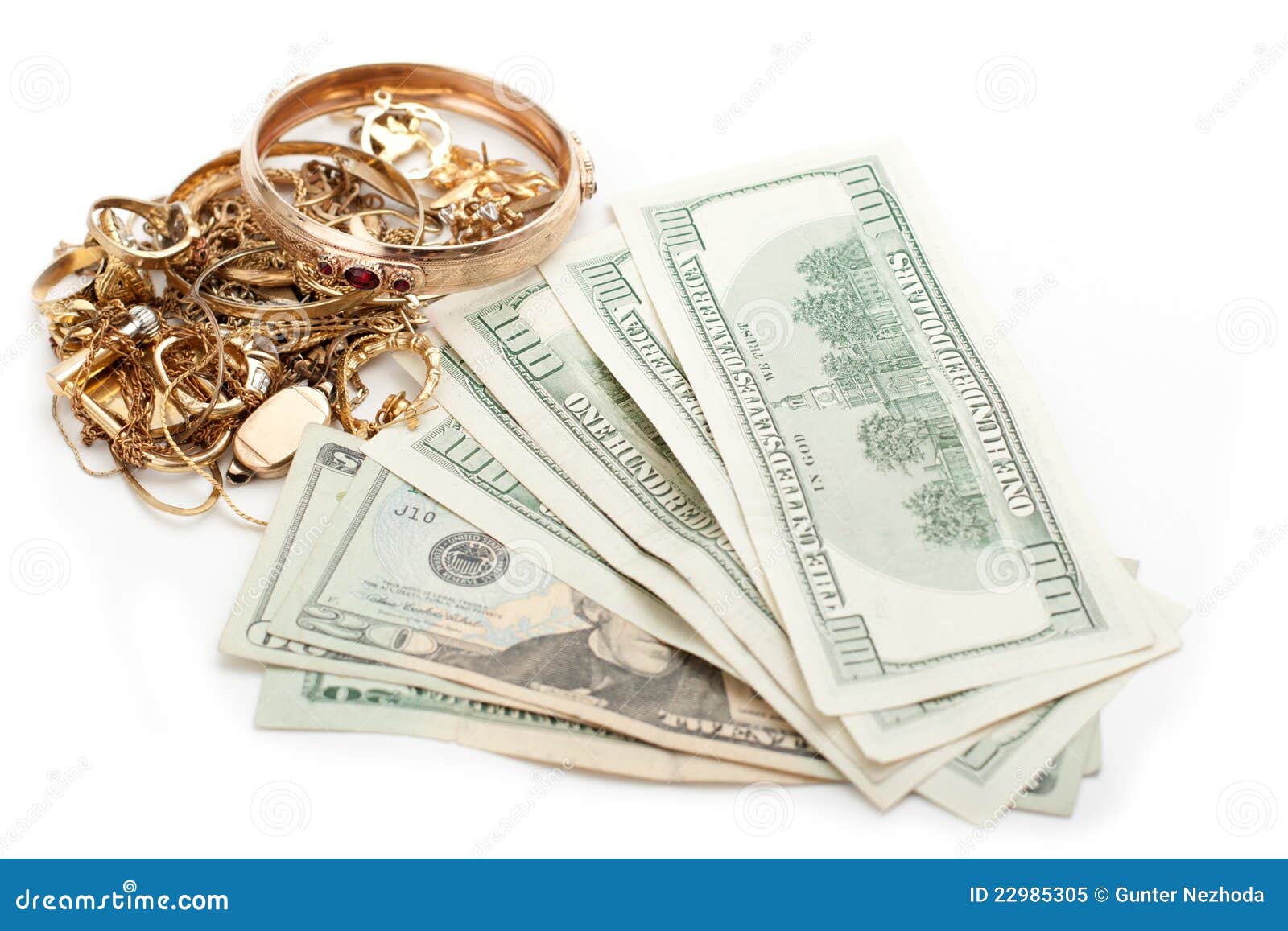 Gold Pile Scrap and Cash Dollar Stock Image - Image of currency, pawn ...