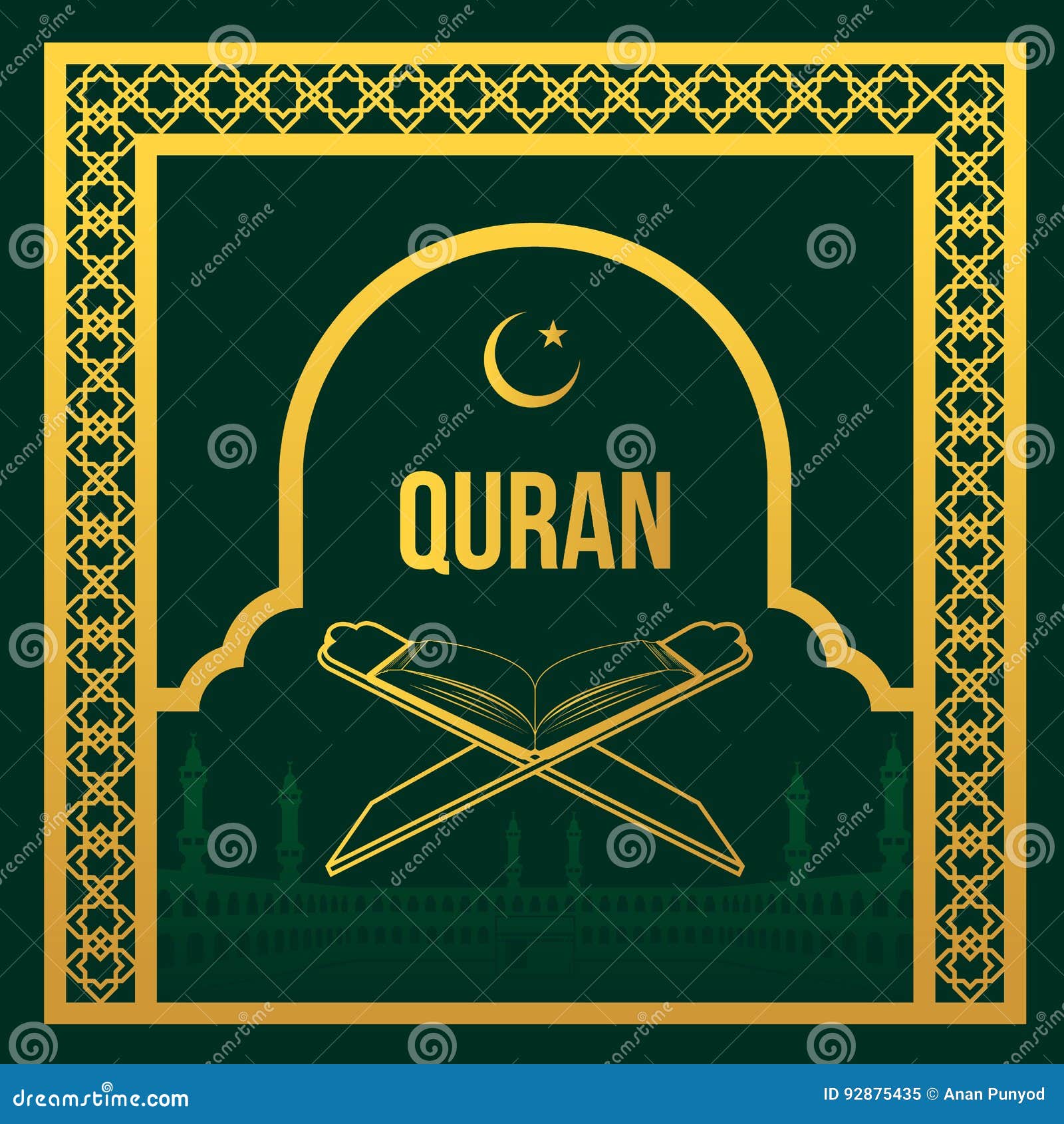 Gold Quran And In Gold Masjidil Haram Arabic Frame Style Vector Design ...