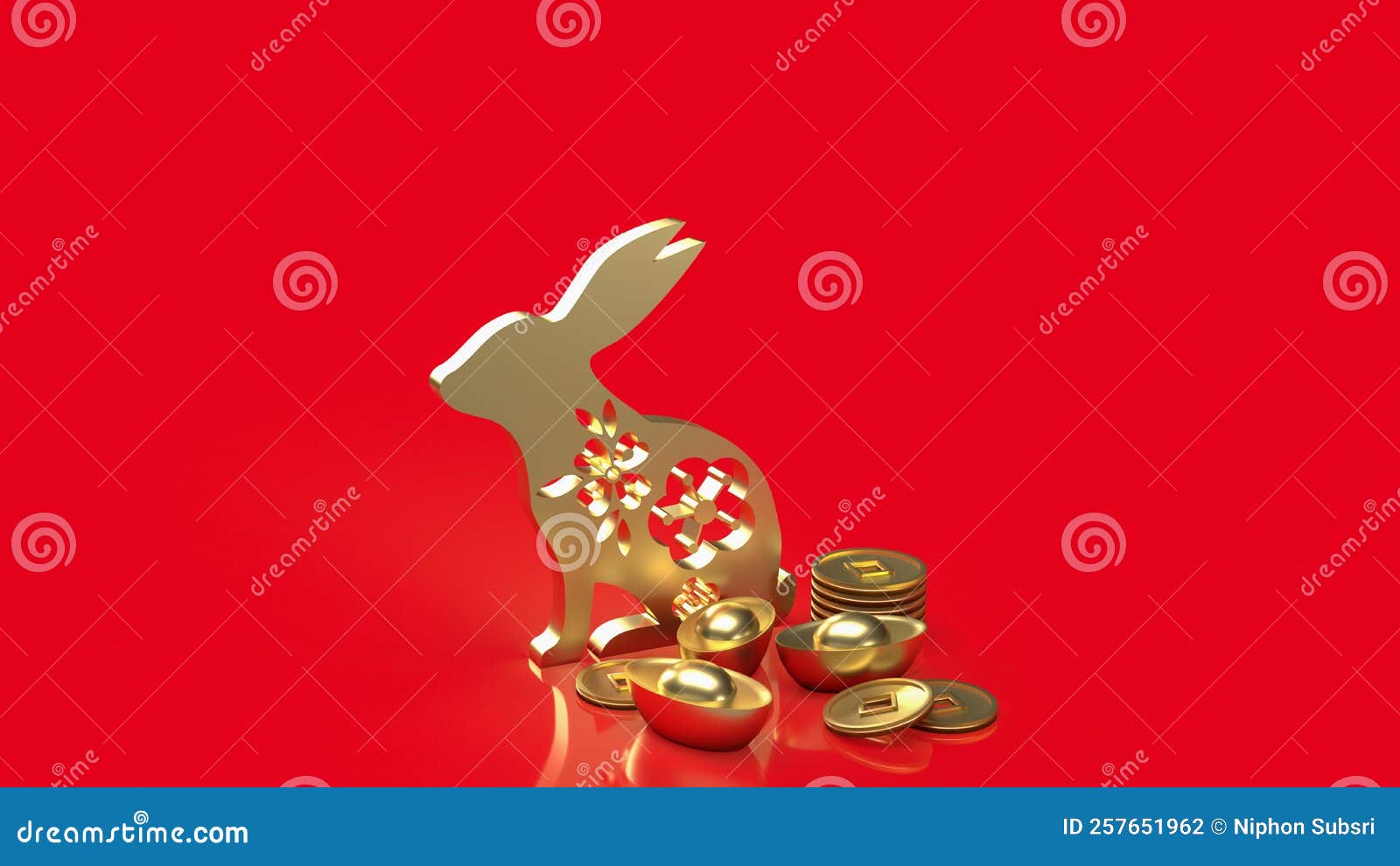 The Gold Rabbit and Chinese Coins for Holiday Concept 3d Rendering ...
