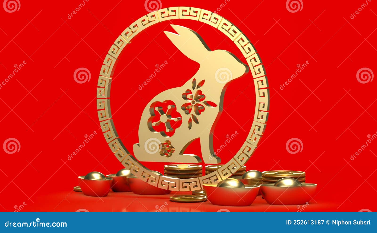 The Gold Rabbit and Chinese Money for Celebration Concept 3d Rendering ...