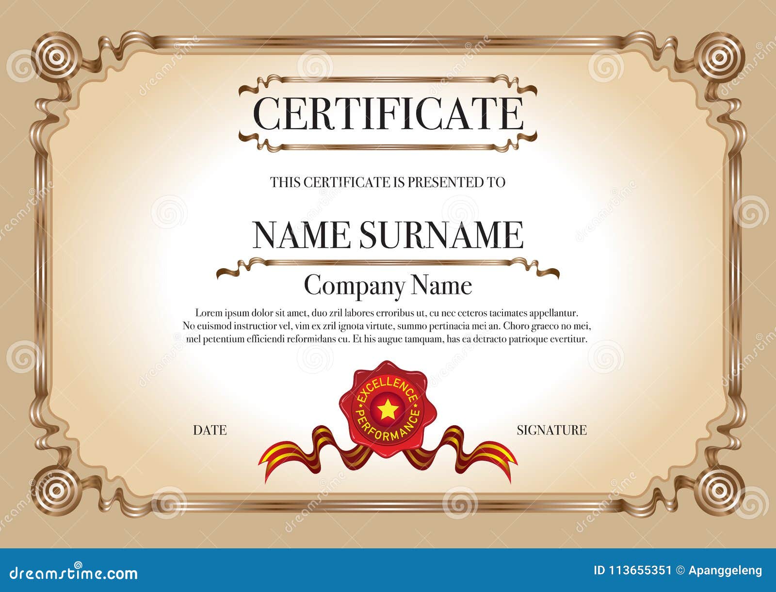 Gold Ribbon Border Certificate For Excellence Performance With Red ...