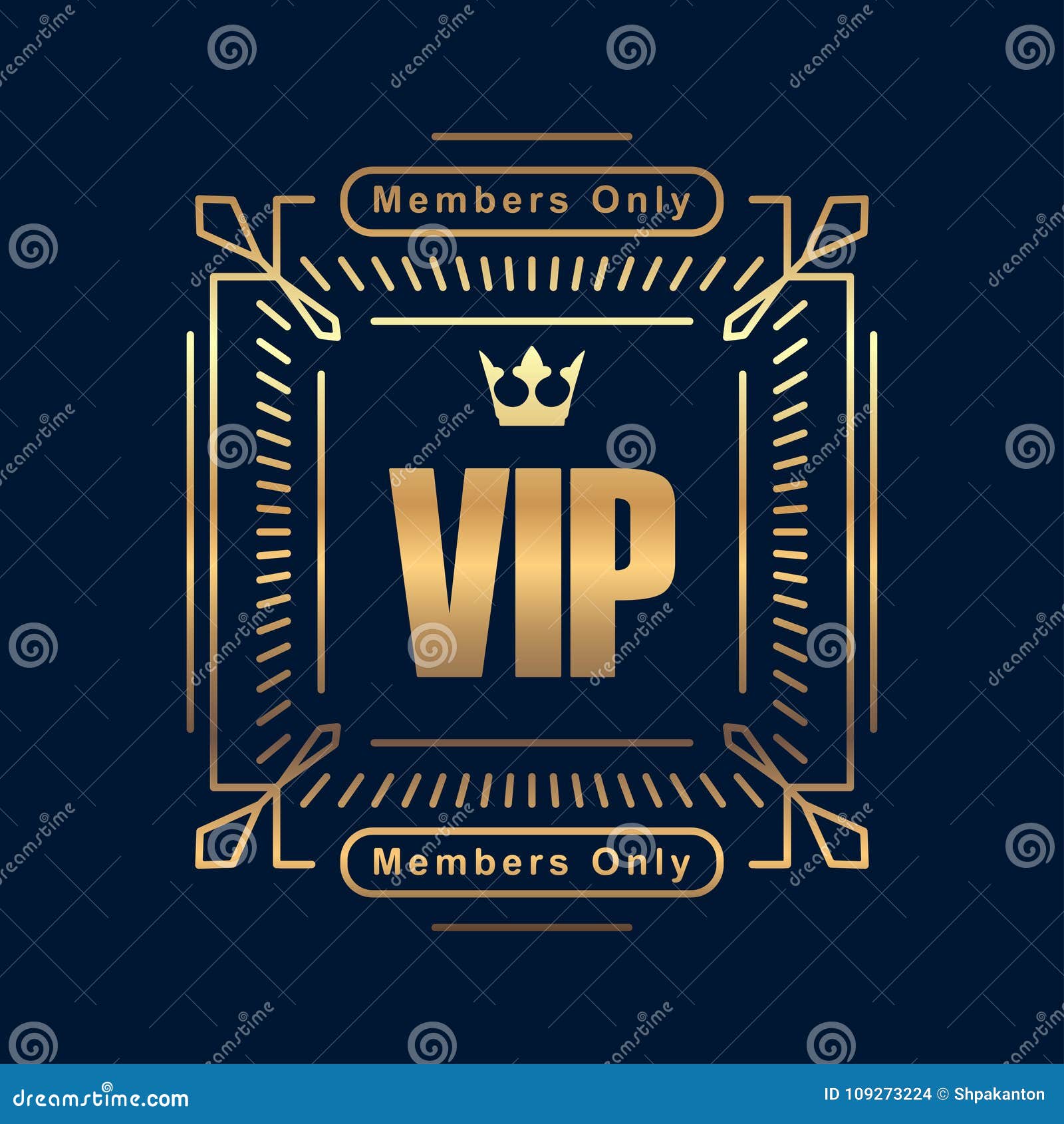 Gold Rich Decorated Square VIP Design with Crown on a Dark Blue Stock ...