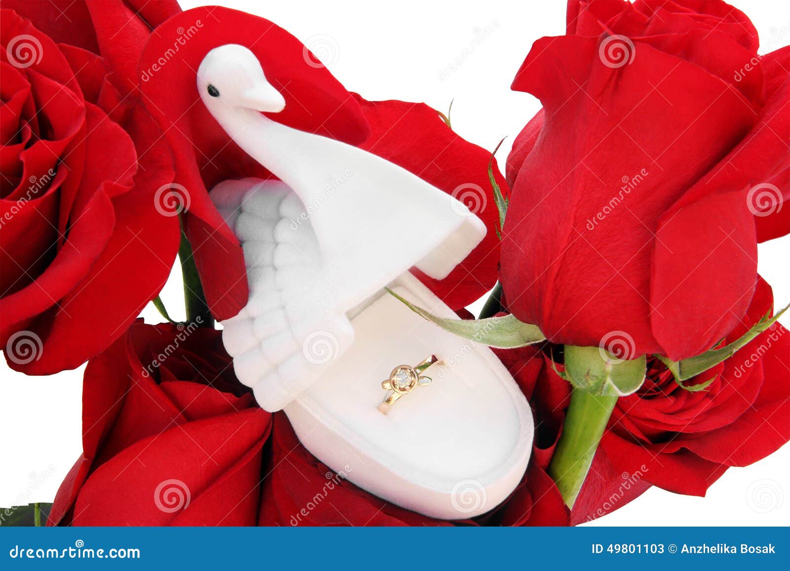 Gold Ring in a Box in the Form of a Swan on Red Roses Stock Image ...