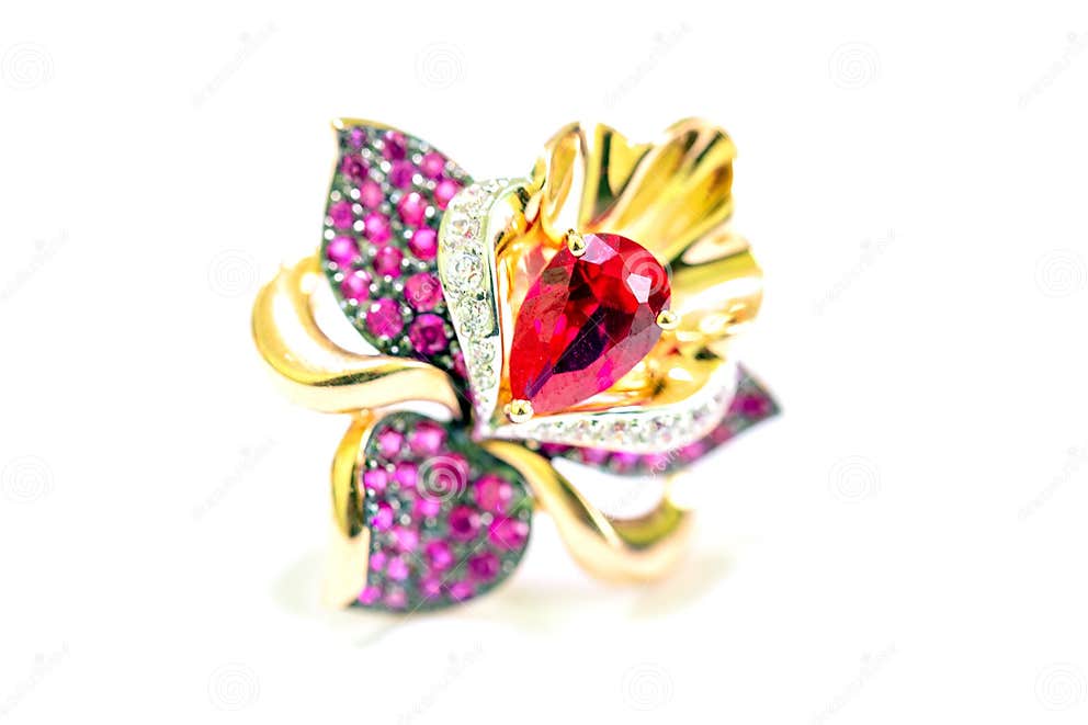 Gold Ring with Red Ruby on a White Background Stock Image - Image of ...