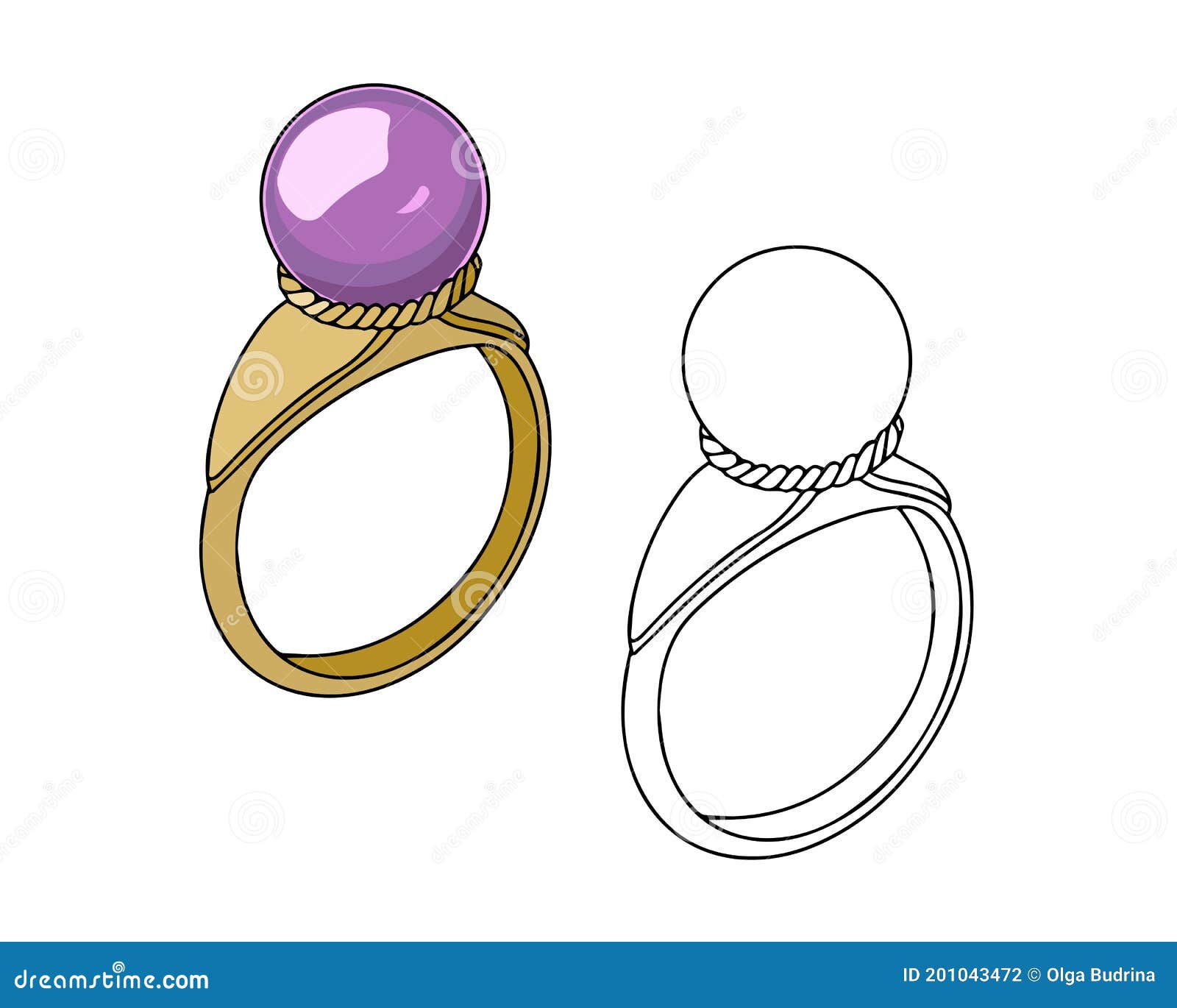 Gold Ring with a Round Pink Stone. Linear Drawing on a White Background ...