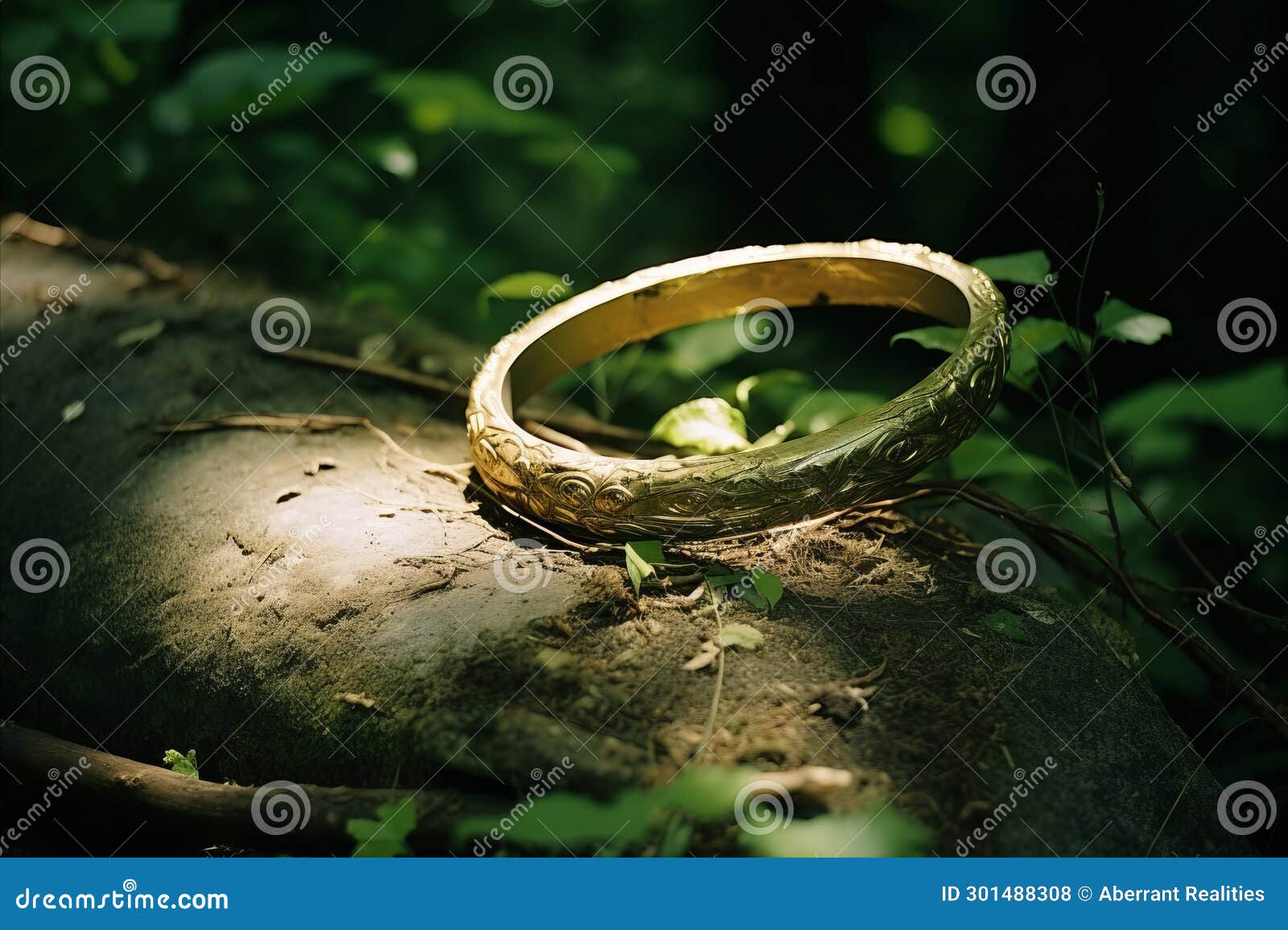 A Gold Ring Sitting on a Log in the Woods Stock Illustration ...