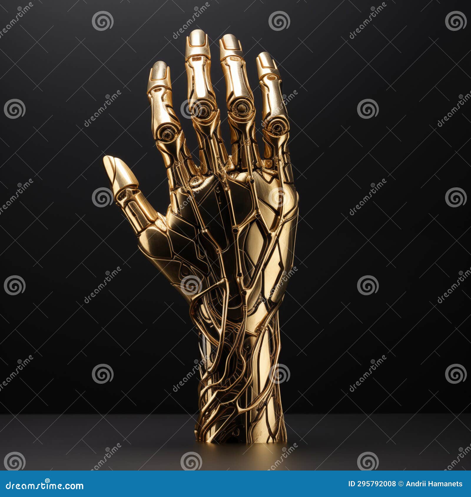 Gold Robotic Hand With Intricate Circuits On Black Background Stock ...