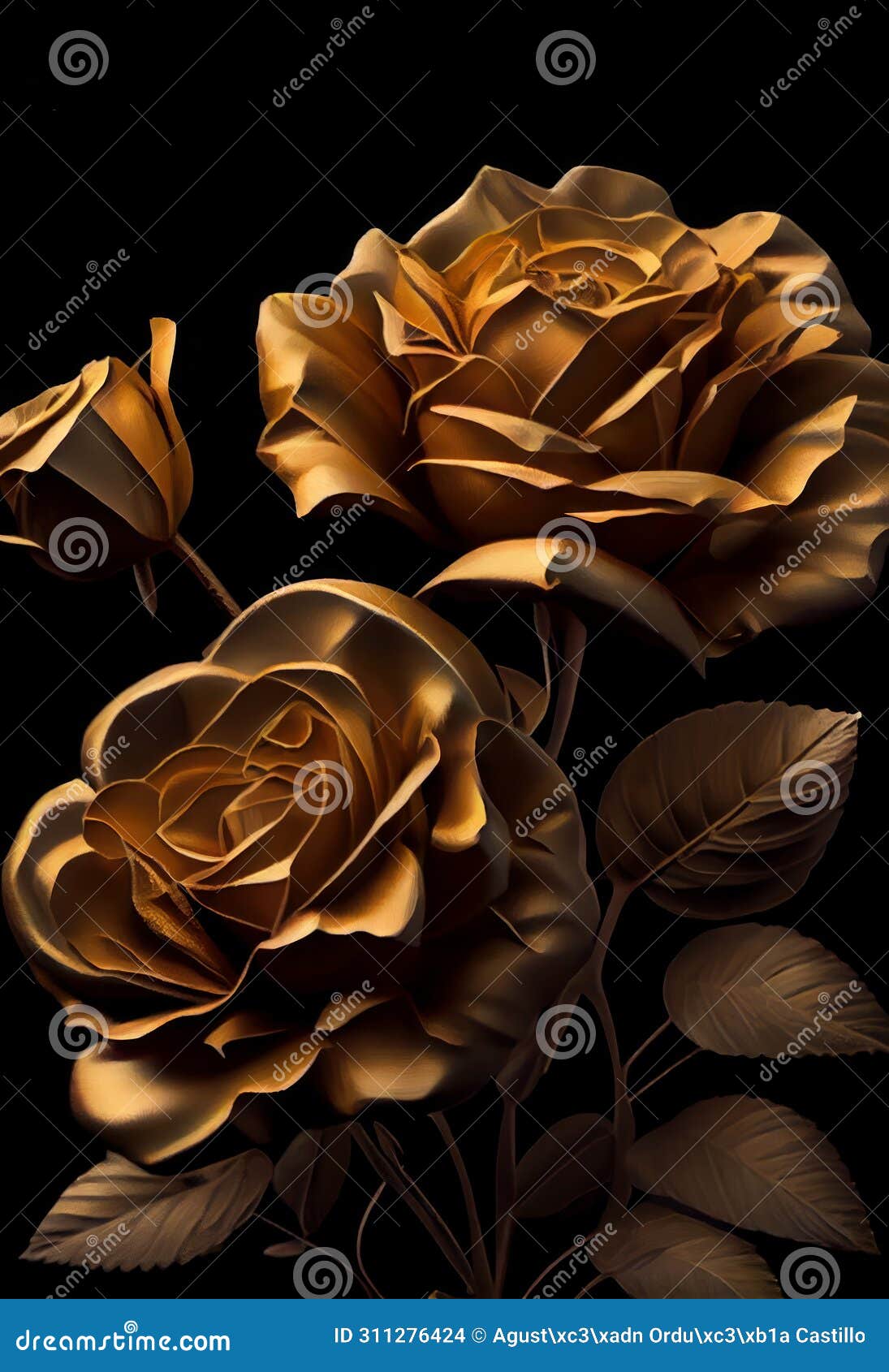 Gold Roses, on Black Background. Ia Generative. Stock Photo - Image of ...