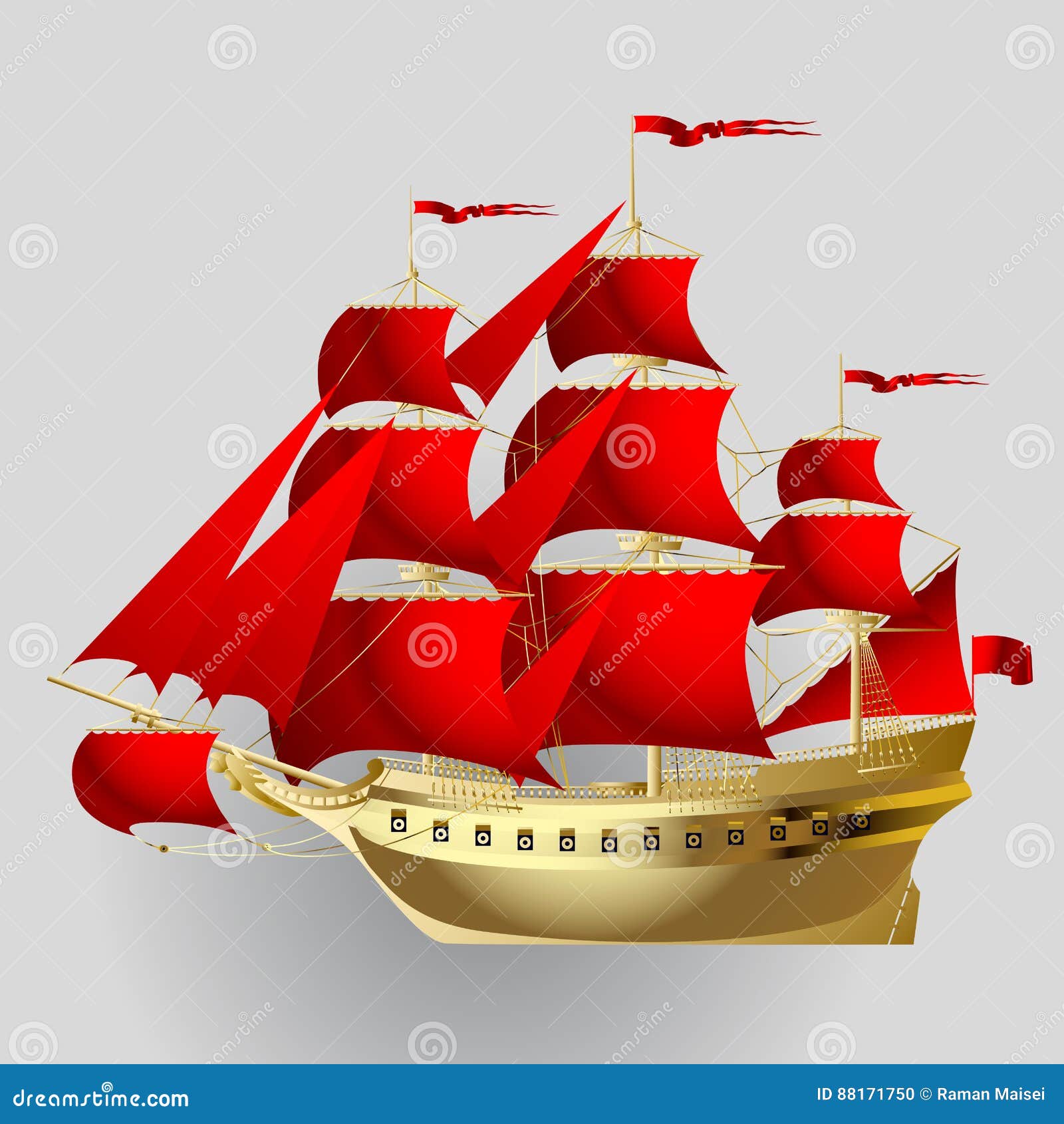 Gold Sailing Ship with Red Sails on Gray Background Stock Vector ...