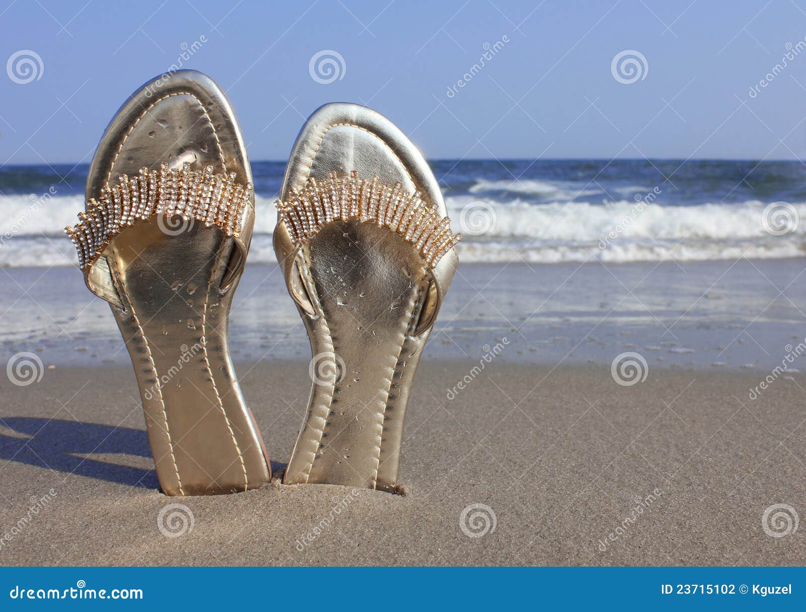 Gold Sandals on a Ocean Beach Stock Photo - Image of collection ...
