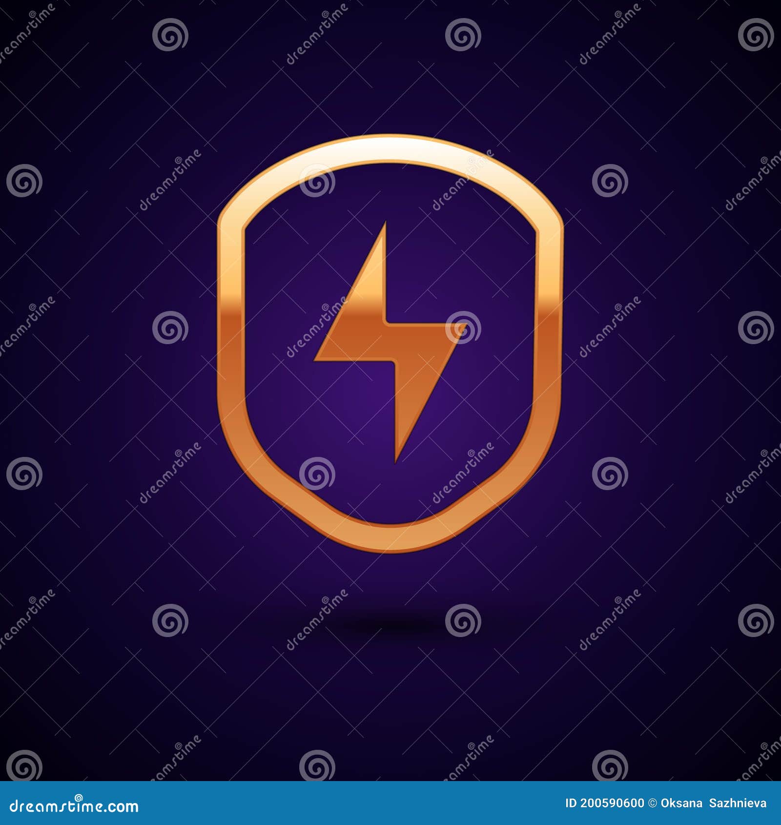 Gold Secure Shield with Lightning Icon Isolated on Black Background ...