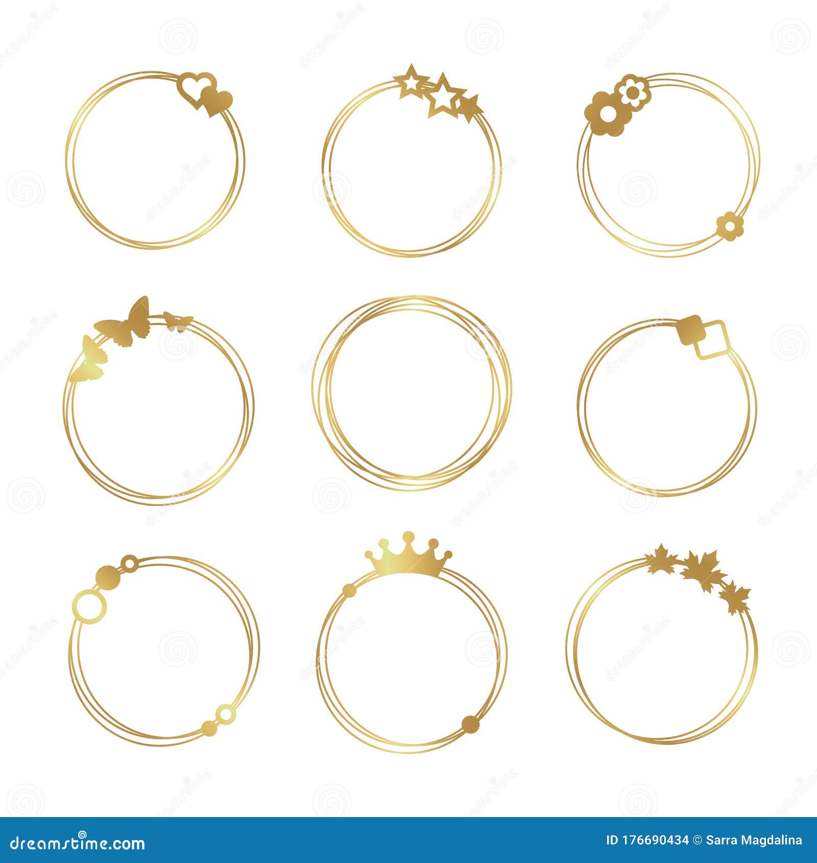 Gold Set of Vector Graphic Circle Frames. Wreaths for Design, Logo ...