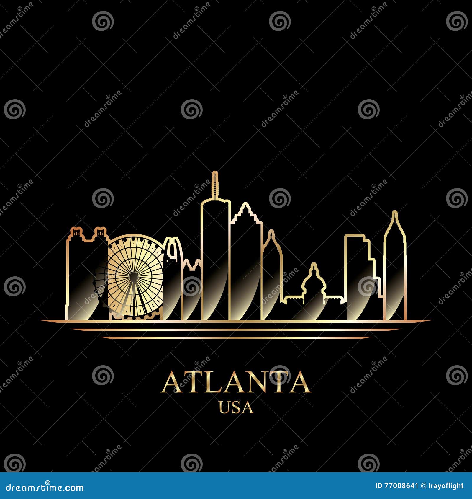 Gold Silhouette Of Atlanta On Black Background Cartoon Vector ...