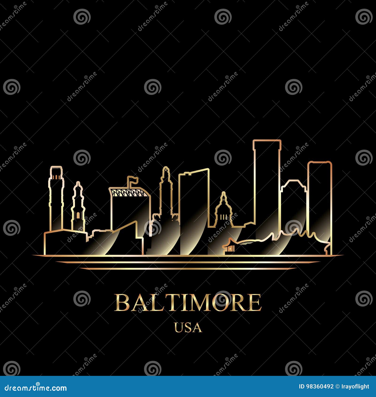 Gold Silhouette of Baltimore on Black Background Stock Vector ...