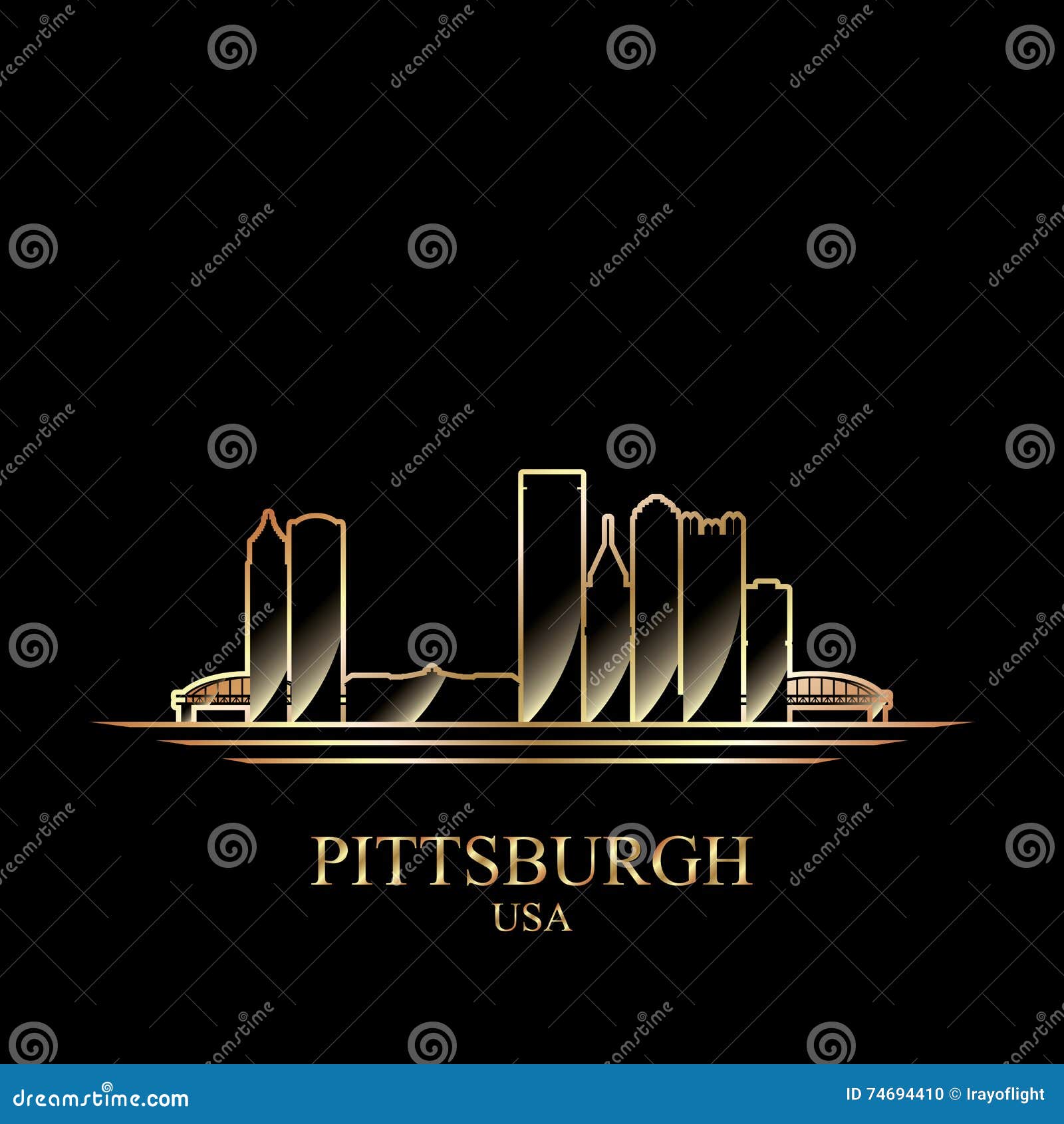 Gold Silhouette of Pittsburgh on Black Background Stock Vector ...