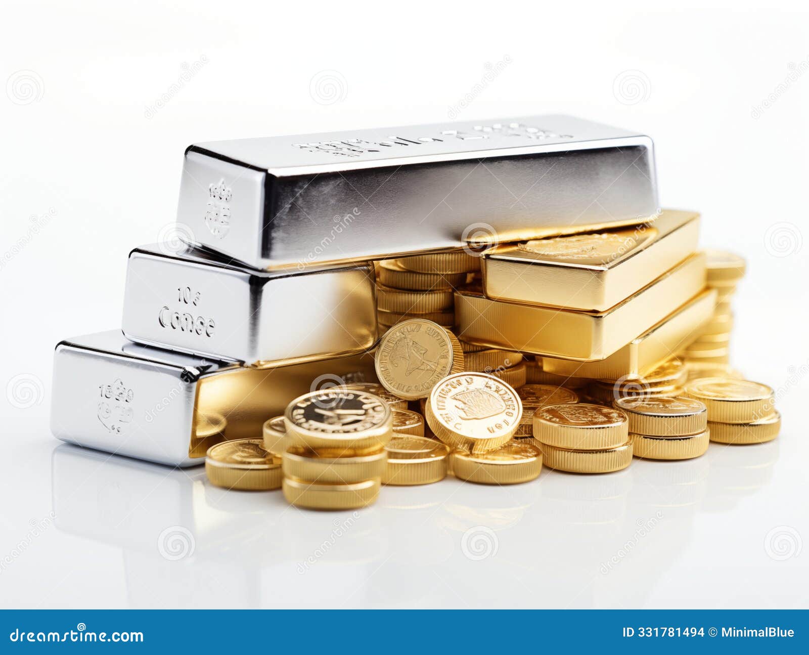 Gold and Silver Bars with Coins on White Background Stock Illustration ...