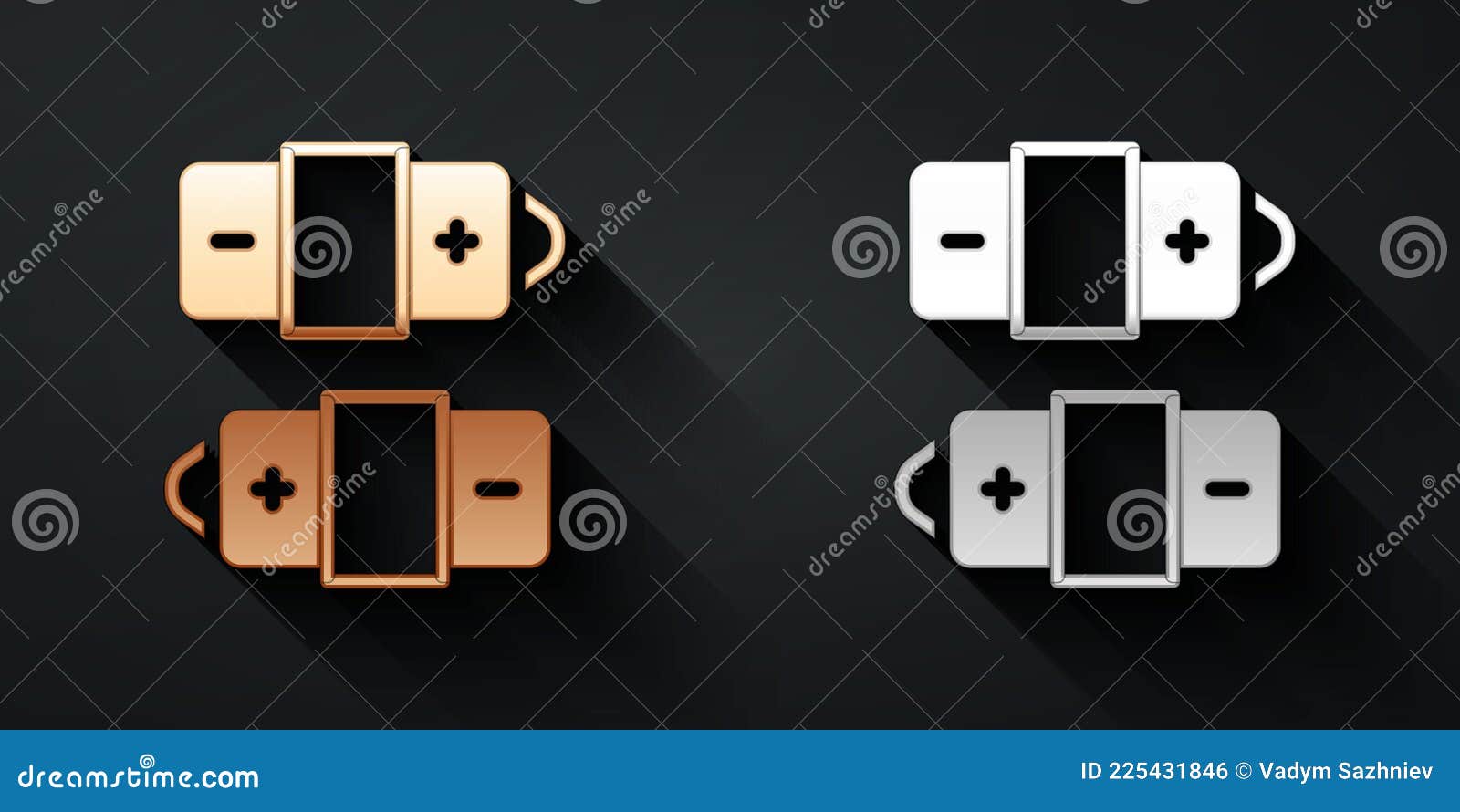 Gold and Silver Battery Icon Isolated on Black Background. Lightning ...