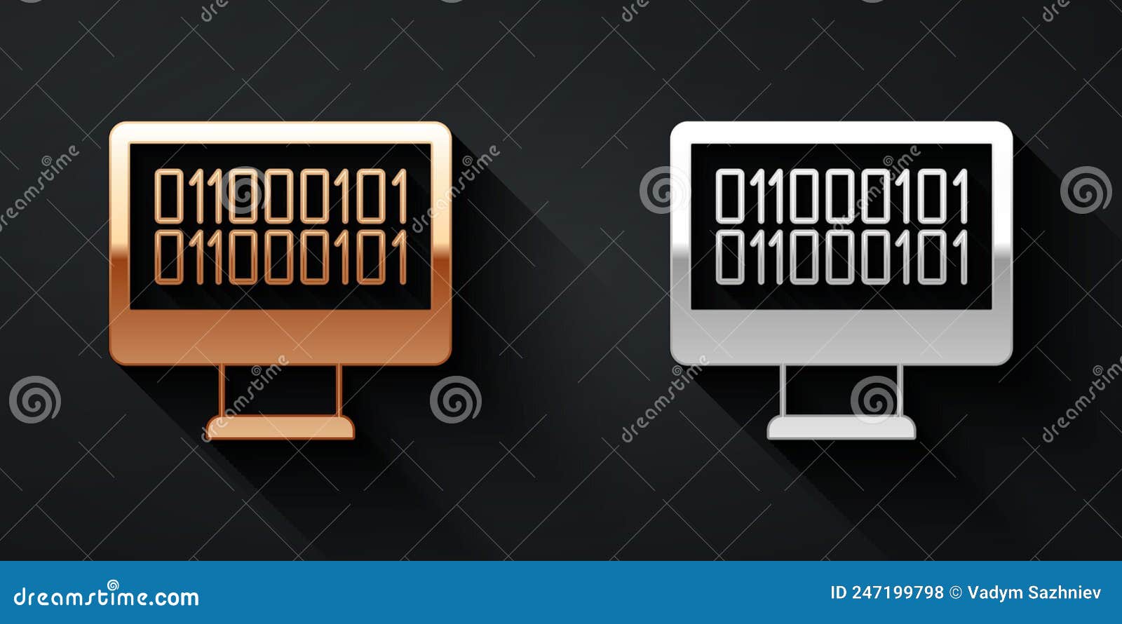 Gold and Silver Binary Code Icon Isolated on Black Background. Long ...