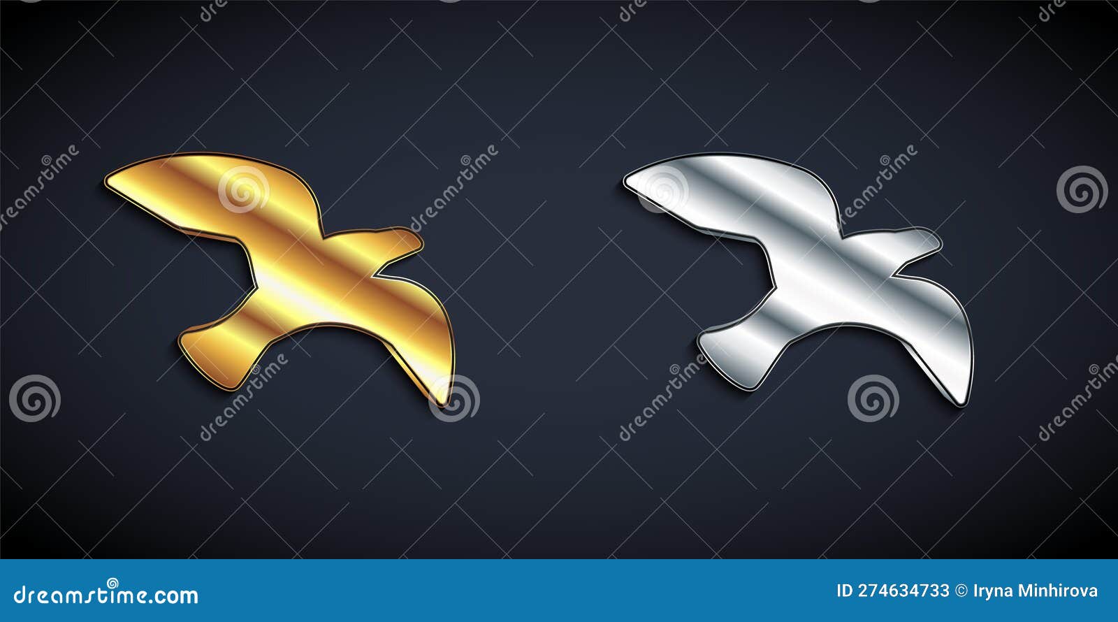 Gold and Silver Bird Seagull Icon Isolated on Black Background. Long ...