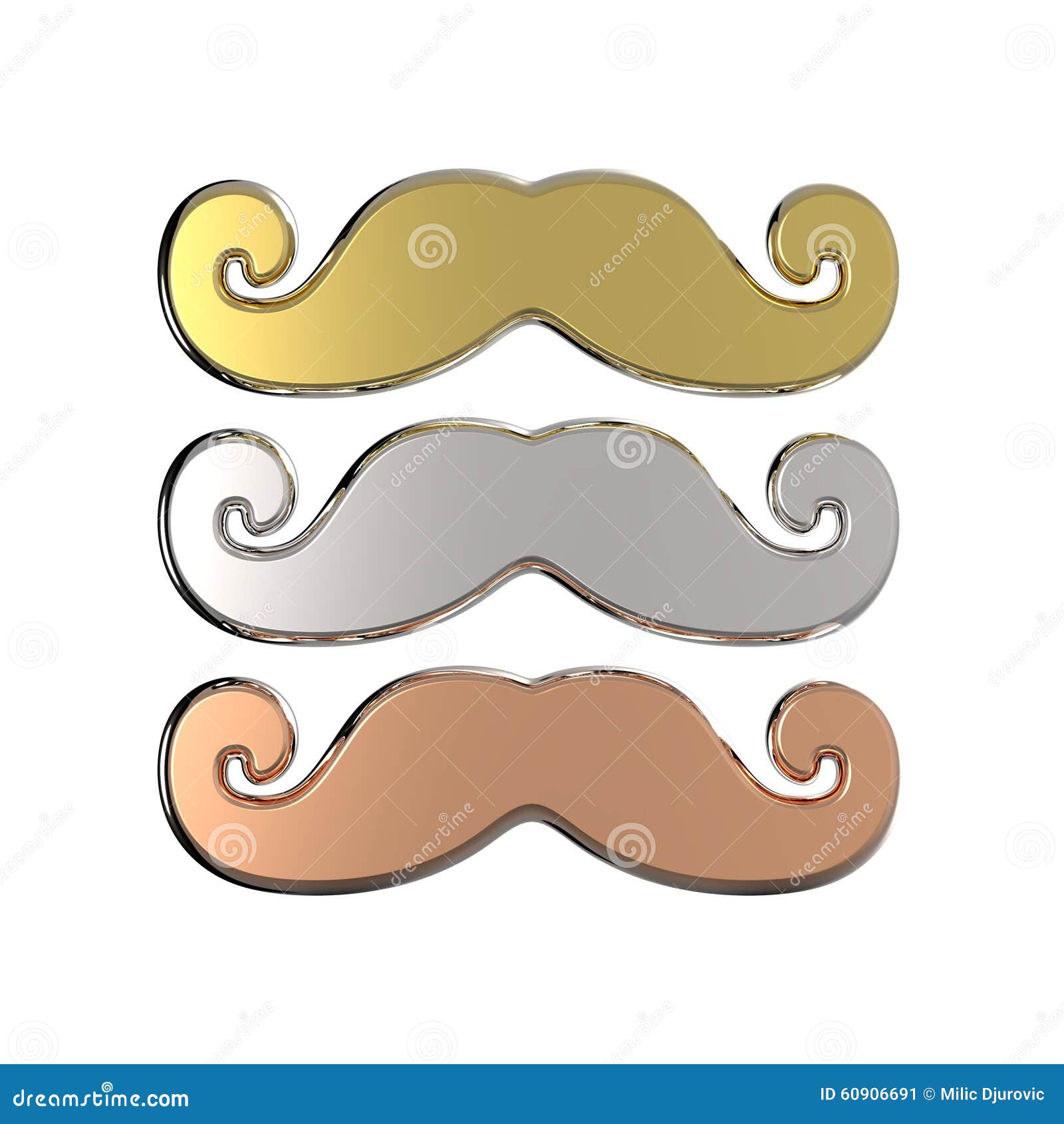Gold, Silver and Bronze Mustache. 3D Render Stock Illustration ...