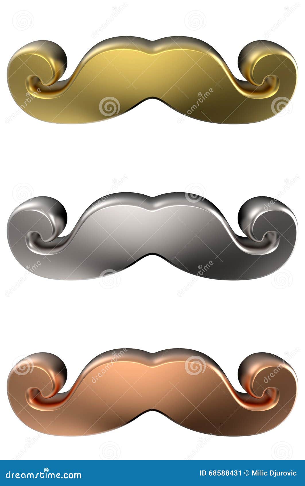 Gold, Silver and Bronze Mustache. 3D Stock Illustration - Illustration ...