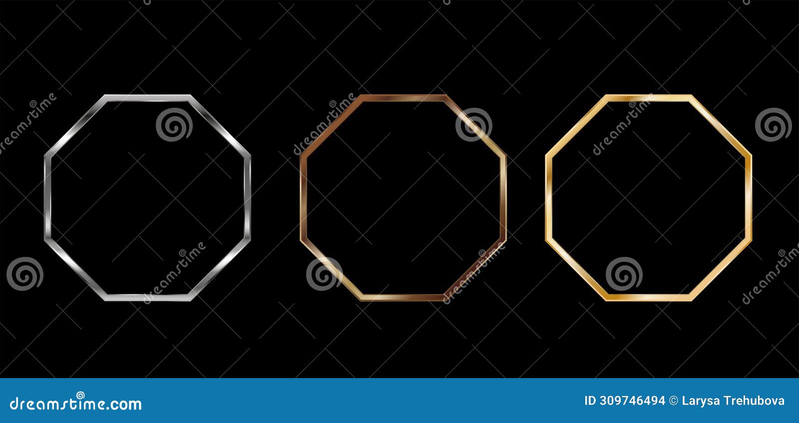 Gold, Silver, Bronze Octagonal Frames for a Picture or Photo. 3d Vector ...