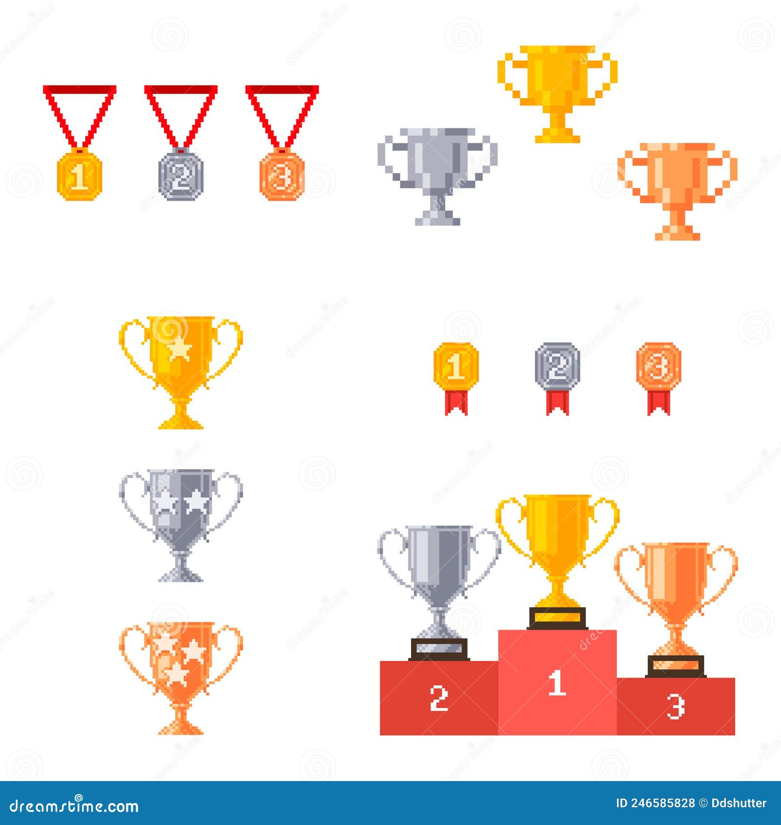 Pixel Art Trophies And Medals Set. Cartoon Vector | CartoonDealer.com ...