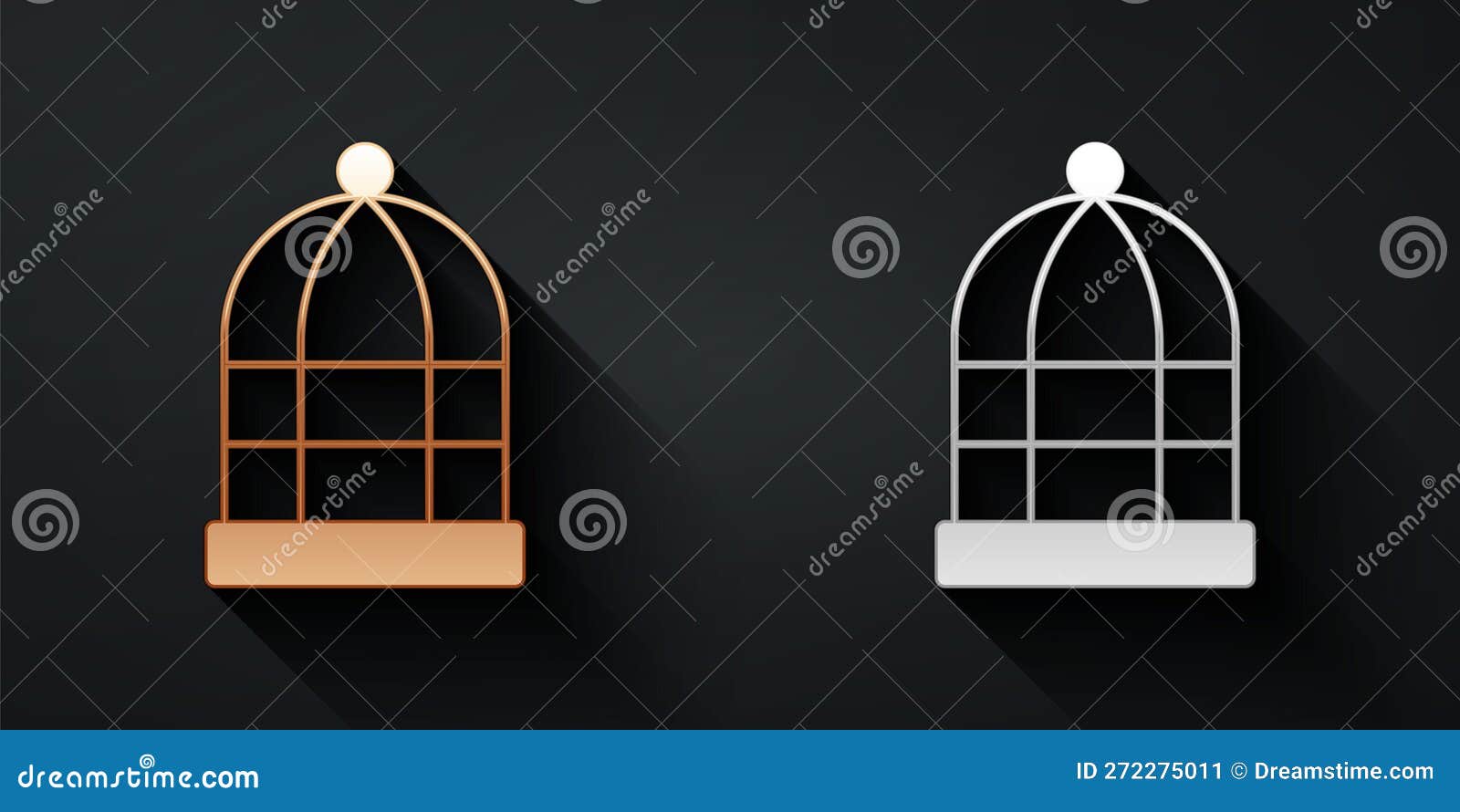 Gold and Silver Cage for Birds Icon Isolated on Black Background. Long ...