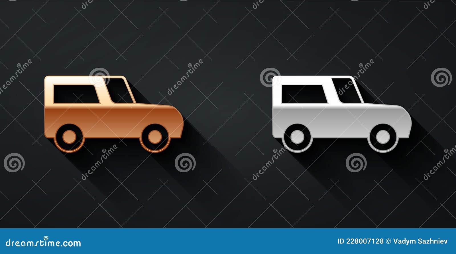 Gold and Silver Car Icon Isolated on Black Background. Long Shadow ...