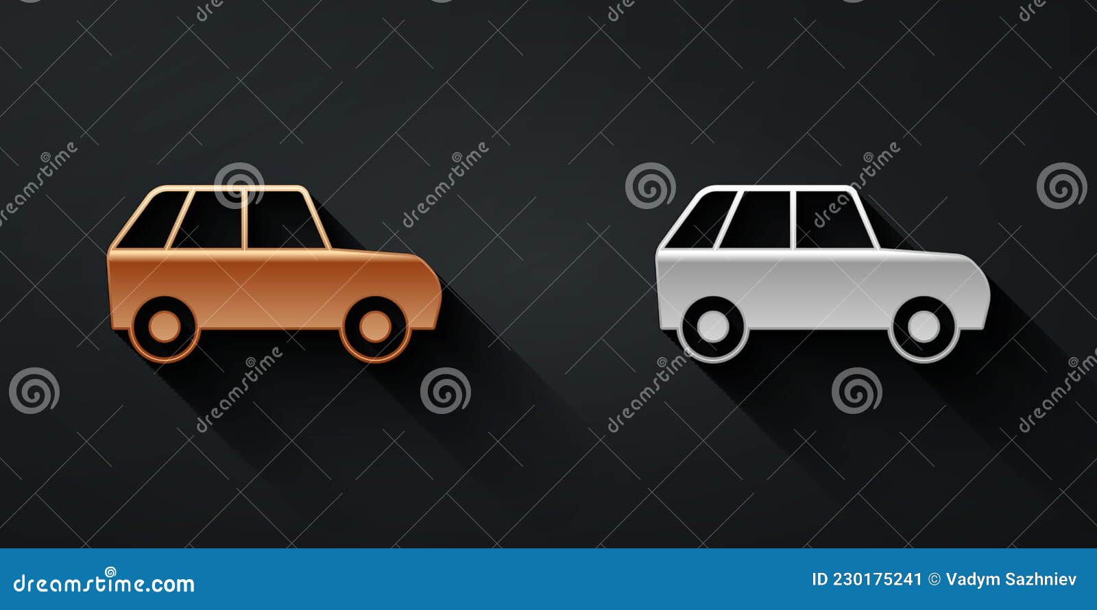 Gold and Silver Car Icon Isolated on Black Background. Long Shadow ...