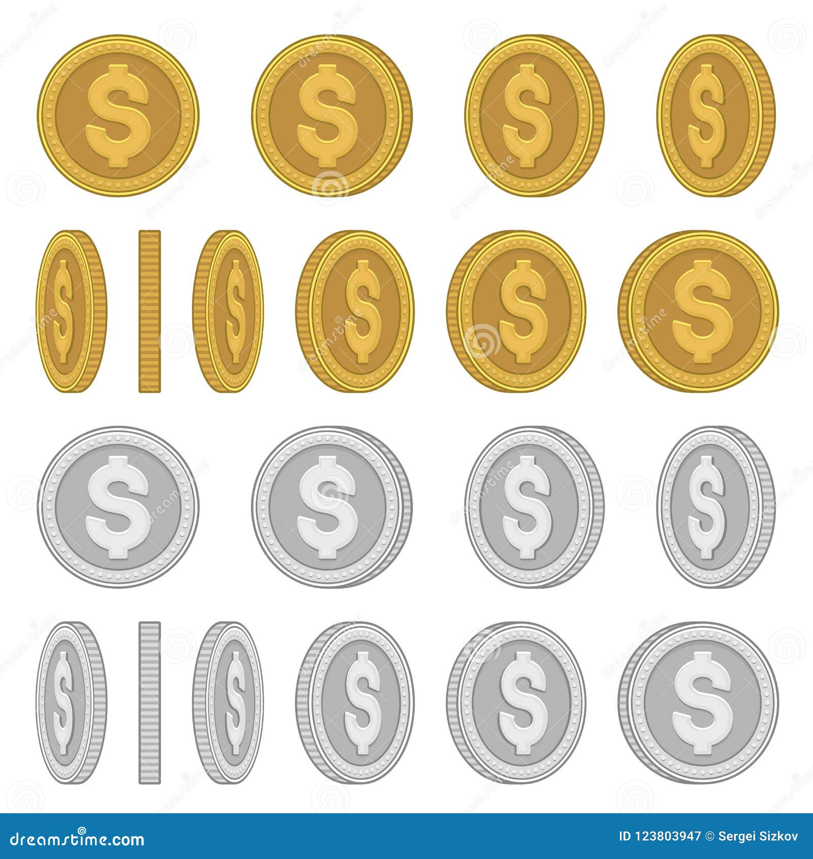 Gold and Silver Coins with Different Rotation Angles Set. Vector Stock ...
